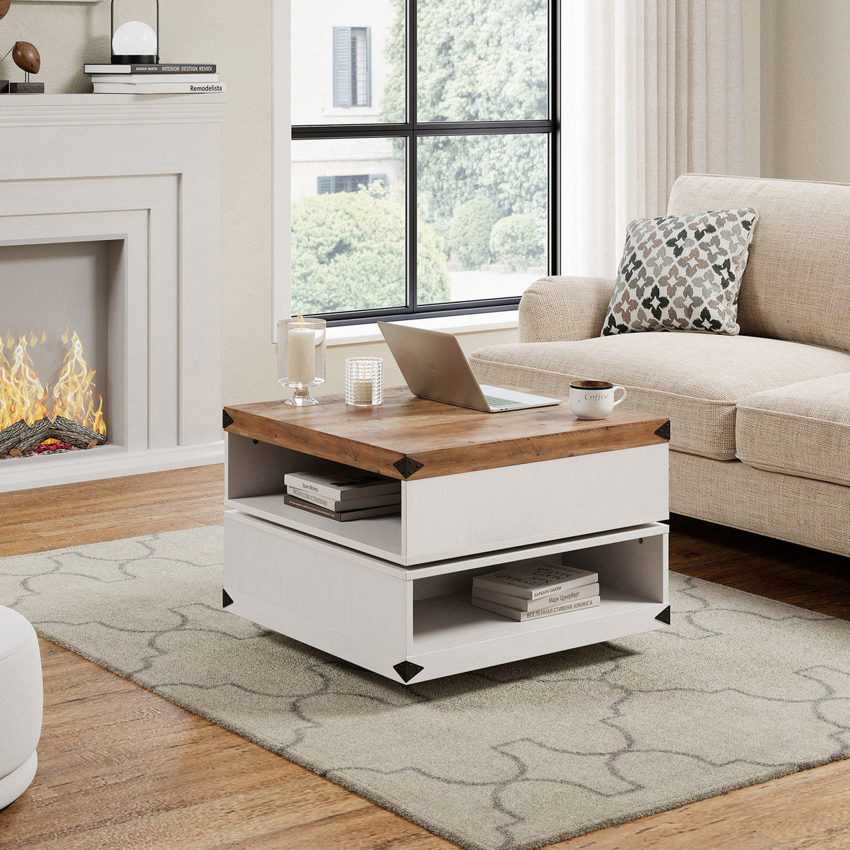 WAMPAT 25" Rotating Coffee Table, 2-Tier Square Wood Accent Tea Center