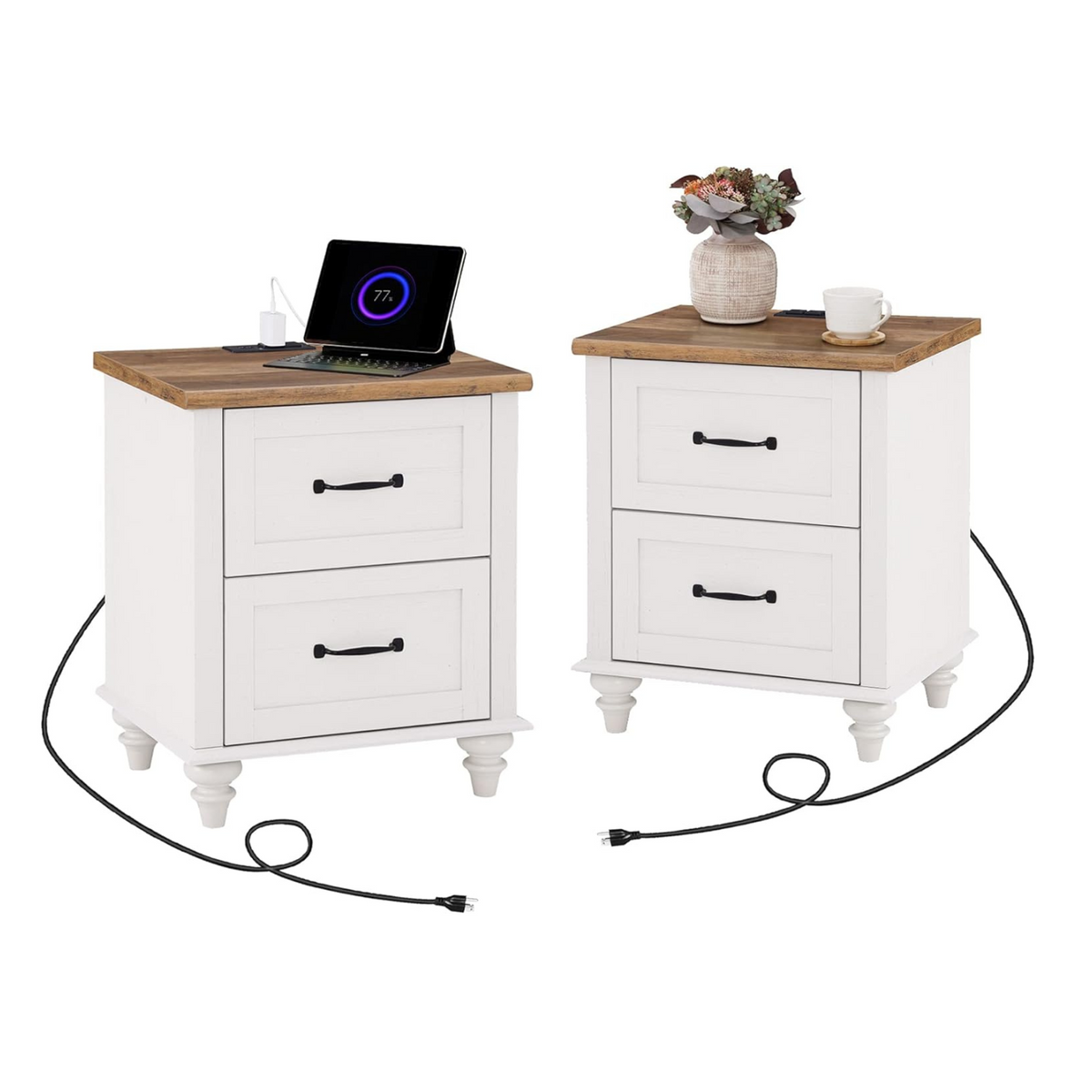 WAMPAT 19.6" White End Table with Charging Station, Farmhouse Nightsta