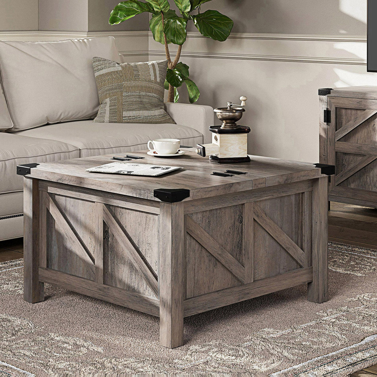 WAMPAT 30"x 30" Square Coffee Table, Rustic Grey Farmhouse Center Tabl