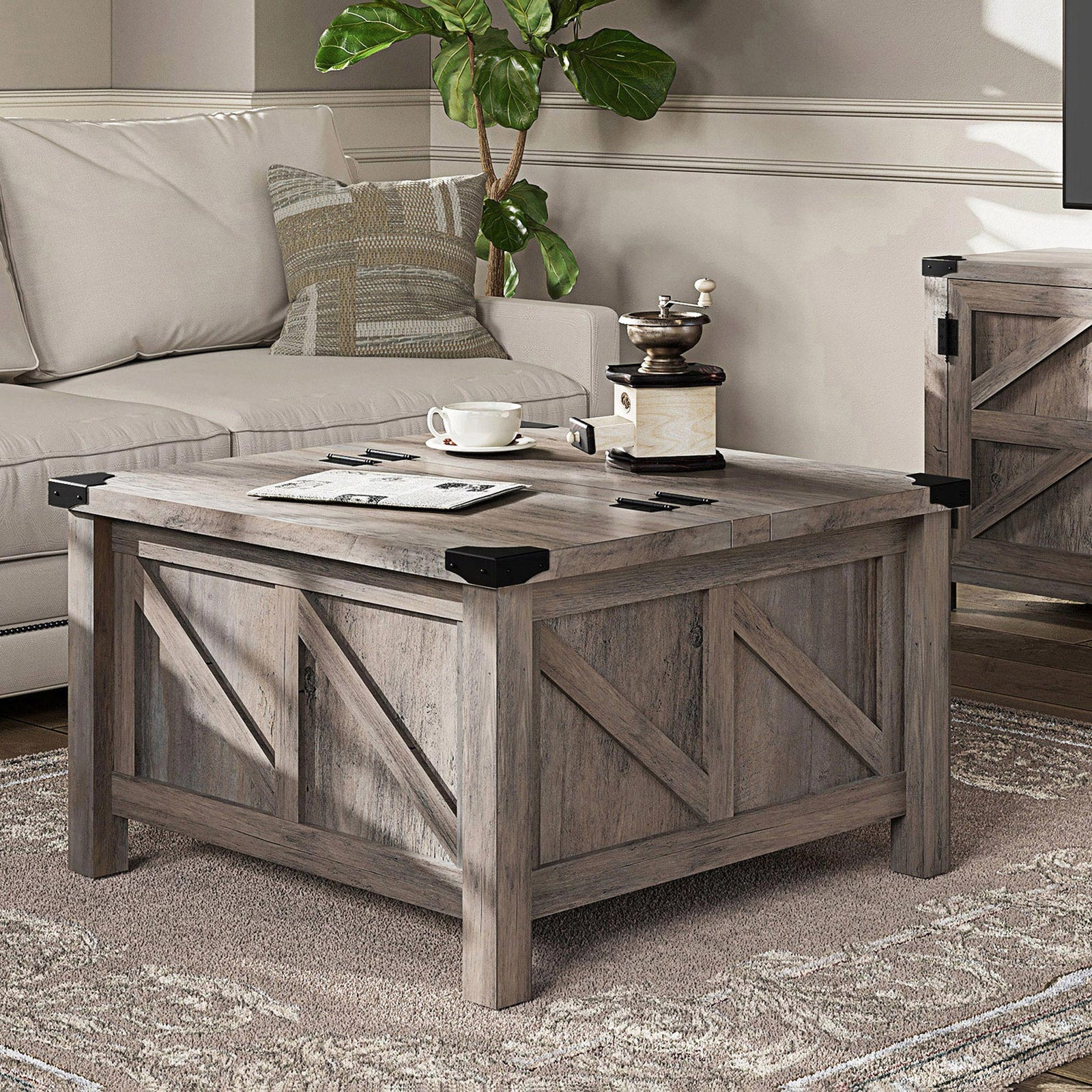 WAMPAT 30"x 30" Square Coffee Table, Rustic Grey Farmhouse Center Tabl